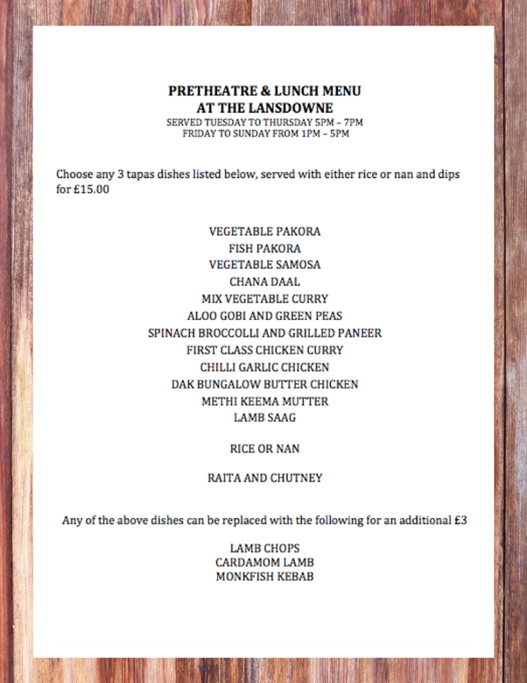 Pre-theatre and Lunch Menu at The Lansdowne - Glasgow West End
